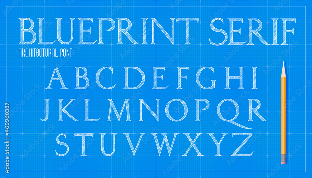 Blueprint architecture font. Capital serif letters alphabet. Sketch ...
