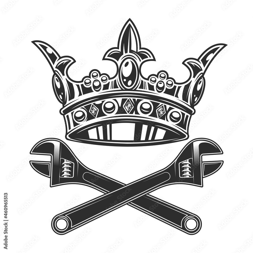 Wrench tools crossed and king crown vector illustration. Plumbing Key ...