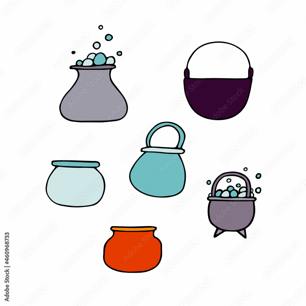 Magic cauldron of potion doodle set. Colored witches boiler isolated on ...