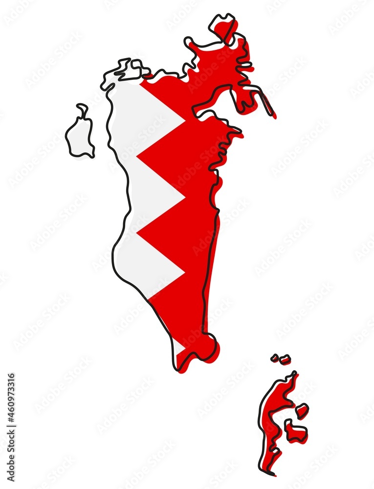 Stylized outline map of Bahrain with national flag icon. Flag color map ...