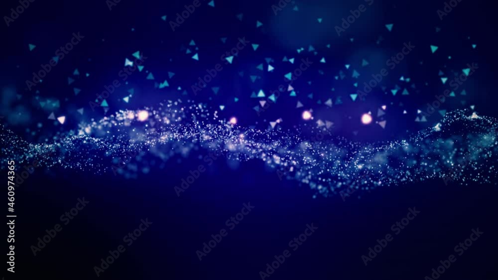 Cinematic blue moving particles with triangle shapes floating. Universe ...