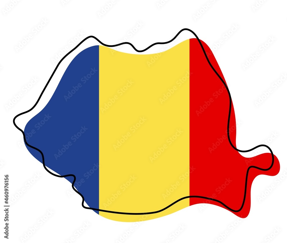 Stylized outline map of Romania with national flag icon. Flag color map ...