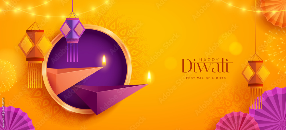 Happy Diwali. Polygonal Indian Diya oil lamp design with round border ...