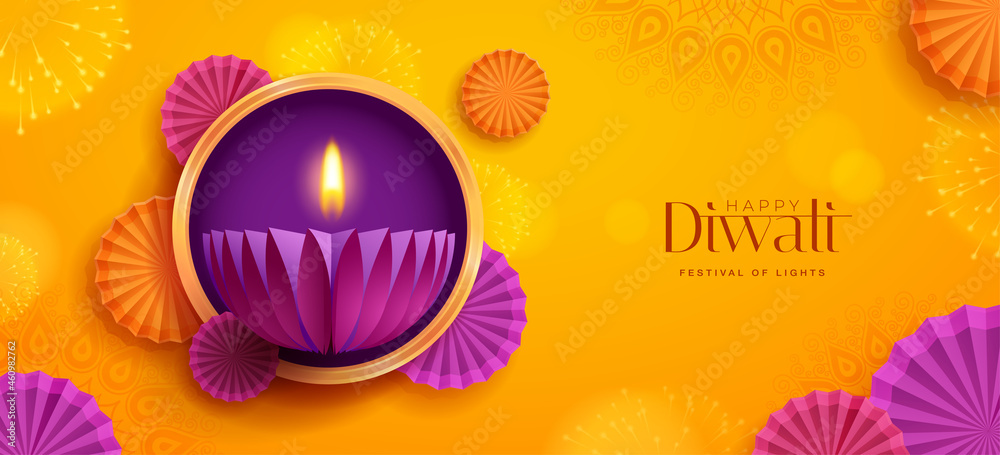 Happy Diwali. Paper graphic of Indian Diya oil lamp design with round ...