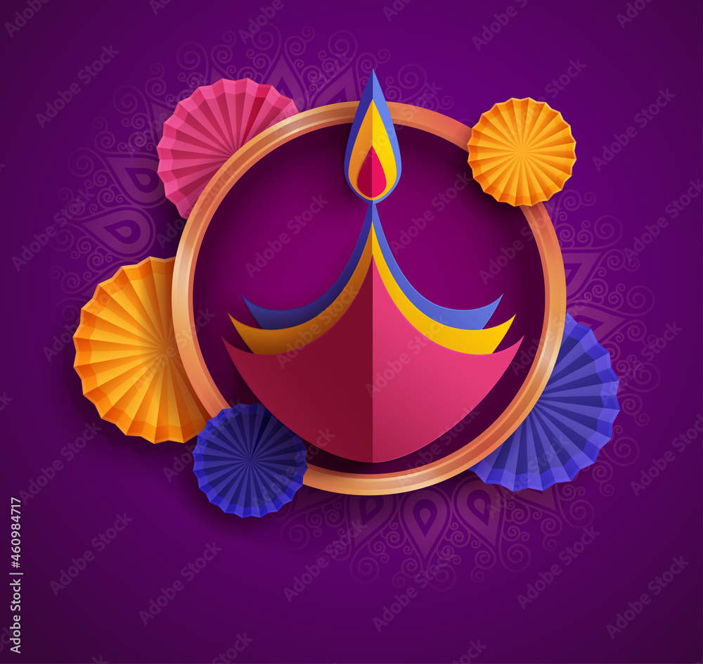 Paper graphic of Indian Diya oil lamp design with round border frame ...
