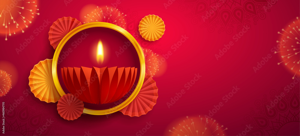 Paper graphic of Indian Diya oil lamp design with round border frame on ...