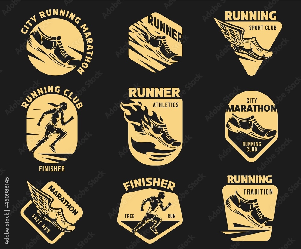 Set logo, label, emblem or badges for sport running isolated on black ...