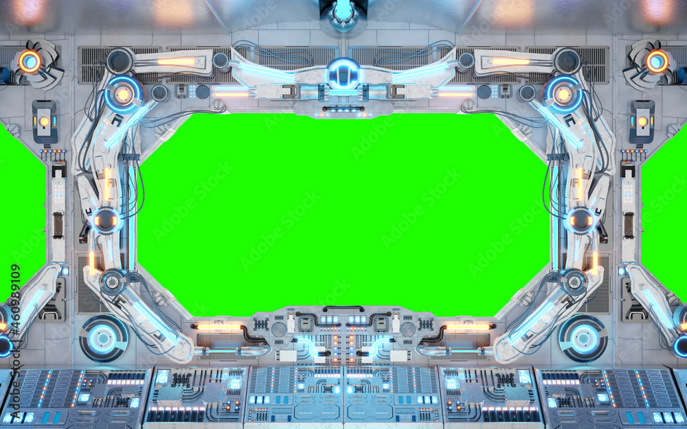 White spaceship interior with isolated window. Futuristic spacecraft ...