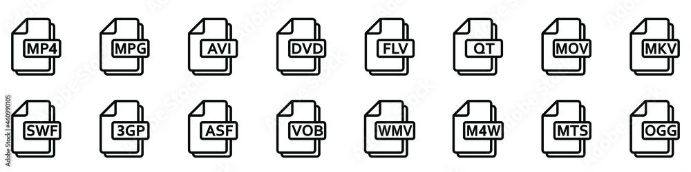 Video file formats. Set of linear icons of different video formats ...