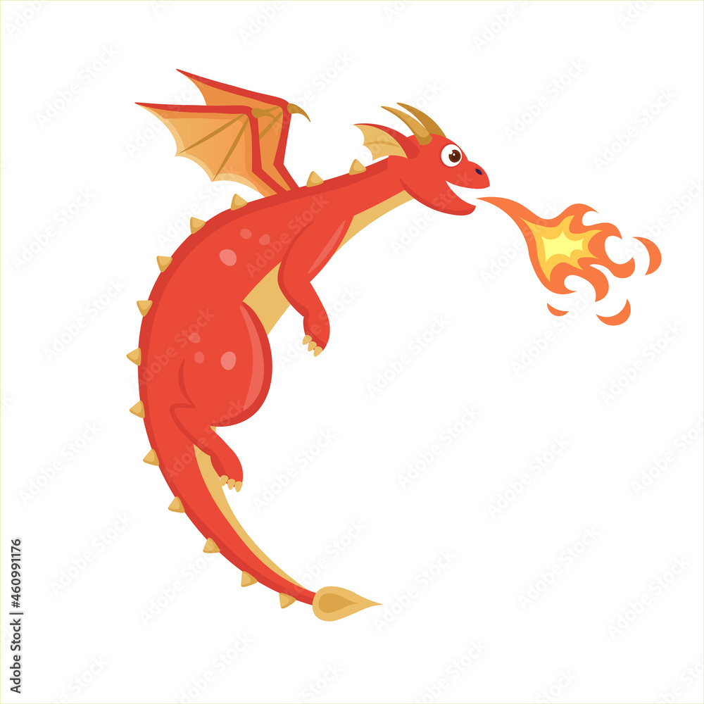The red flying dragon blowing fire. Vector illustration in cartoon ...