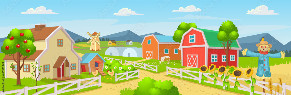 Farm panorama with a greenhouse, chicken coop, barn, houses, mills ...