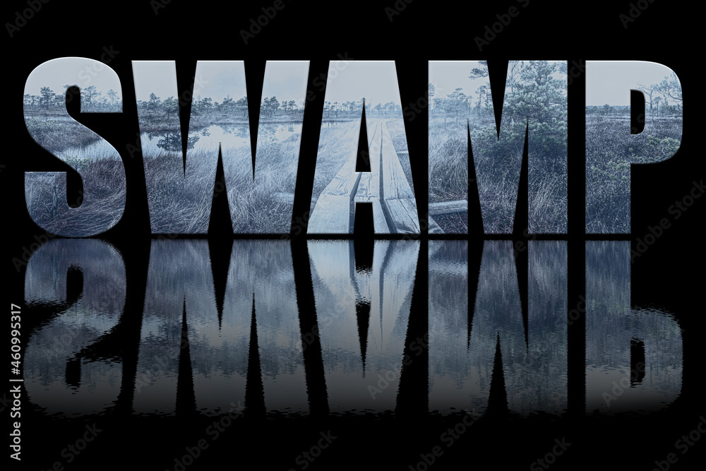 Swamp text composed of landscape photo on black background with text ...