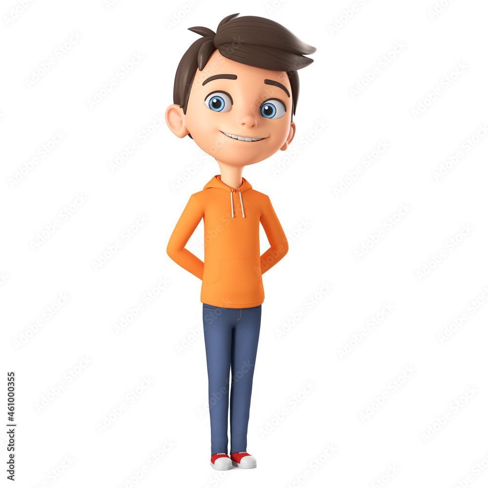 Modest cartoon character boy in an orange sweatshirt hid his hands ...