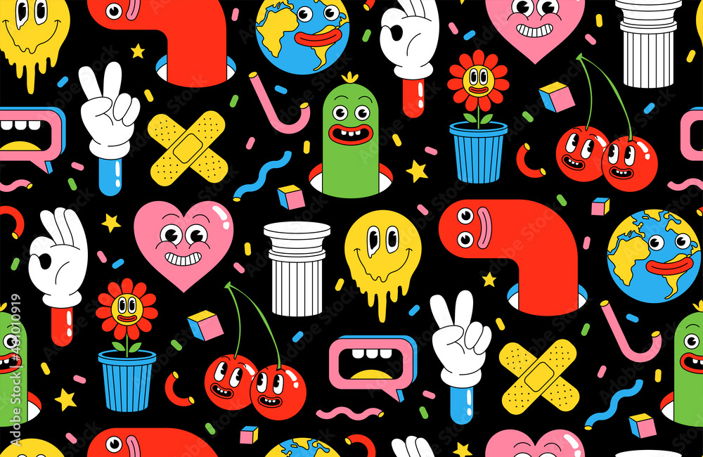 Cartoon characters background. Seamless pattern with funny stickers and ...