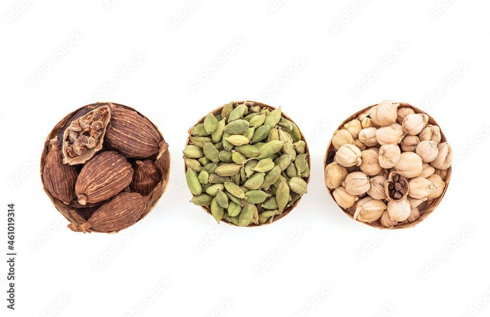 Cardamom , black cardamom and siam cardamom fruits isolated on white ...