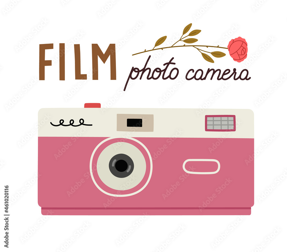 Hand-drawn card of film photo camera, rose, and hand lettering. Retro ...