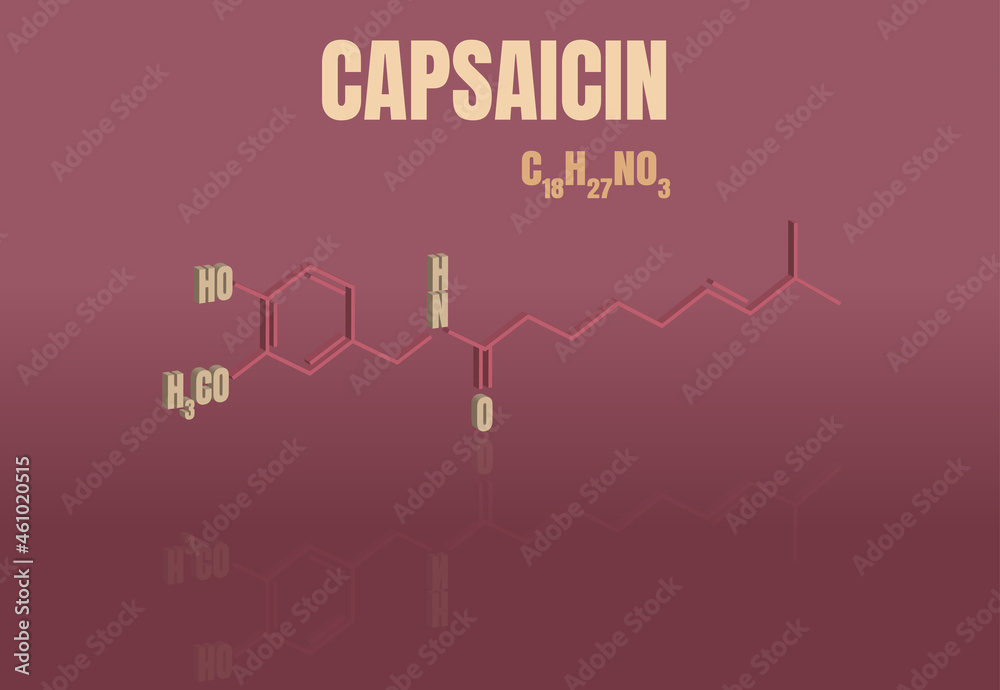 Capsaicin, alkaloid, molecule C18H27NO3, has non-narcotic analgesic ...