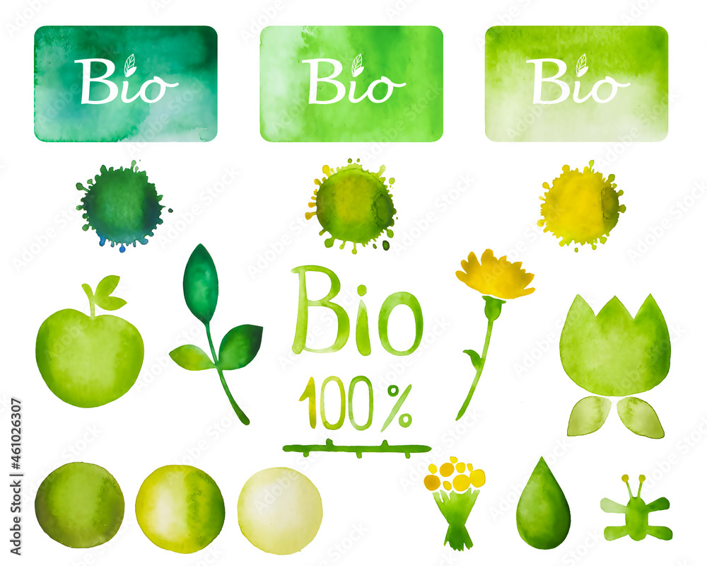 Bio watercolor set in green colors. The set consists of inscriptions ...