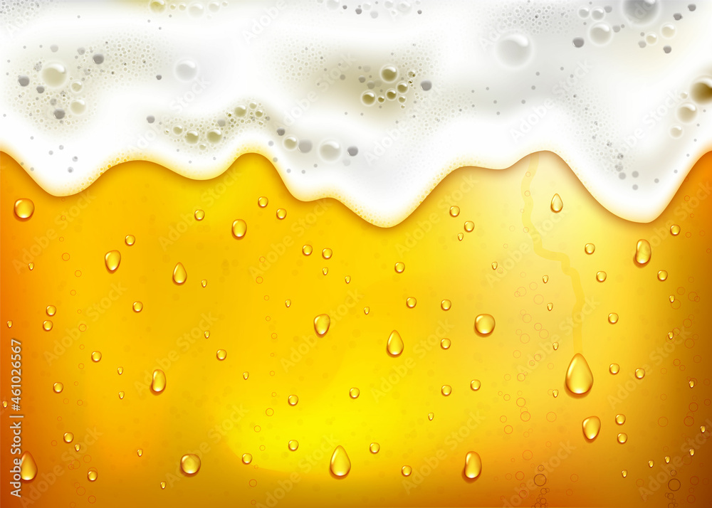 realistic beer background with lush white foam, bubbles and dripping ...