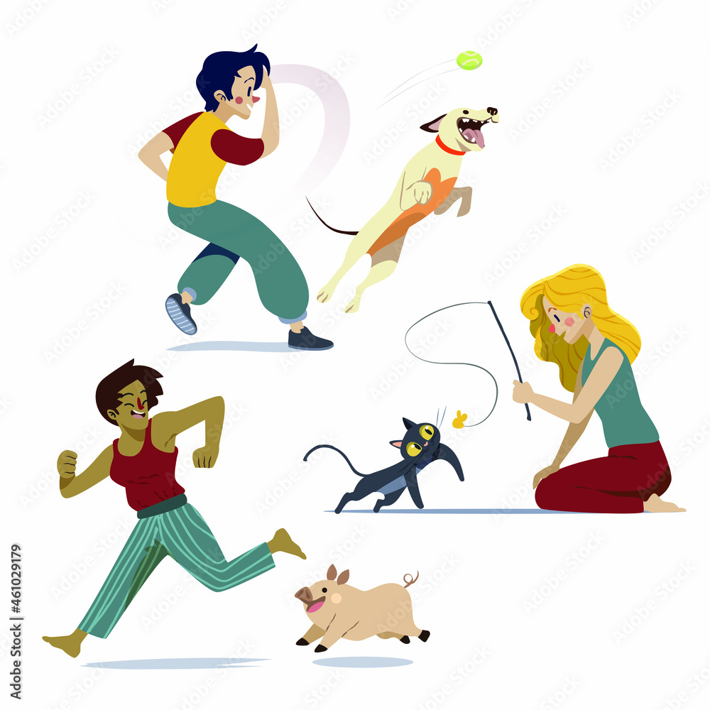 People with pets. Cartoon set of animals. Character man or woman. Home ...