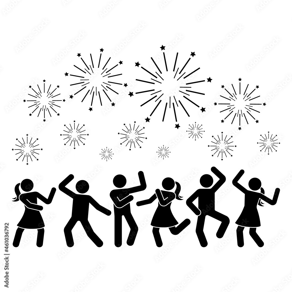 Happy stick figure man and woman dancing hands up night club fireworks ...