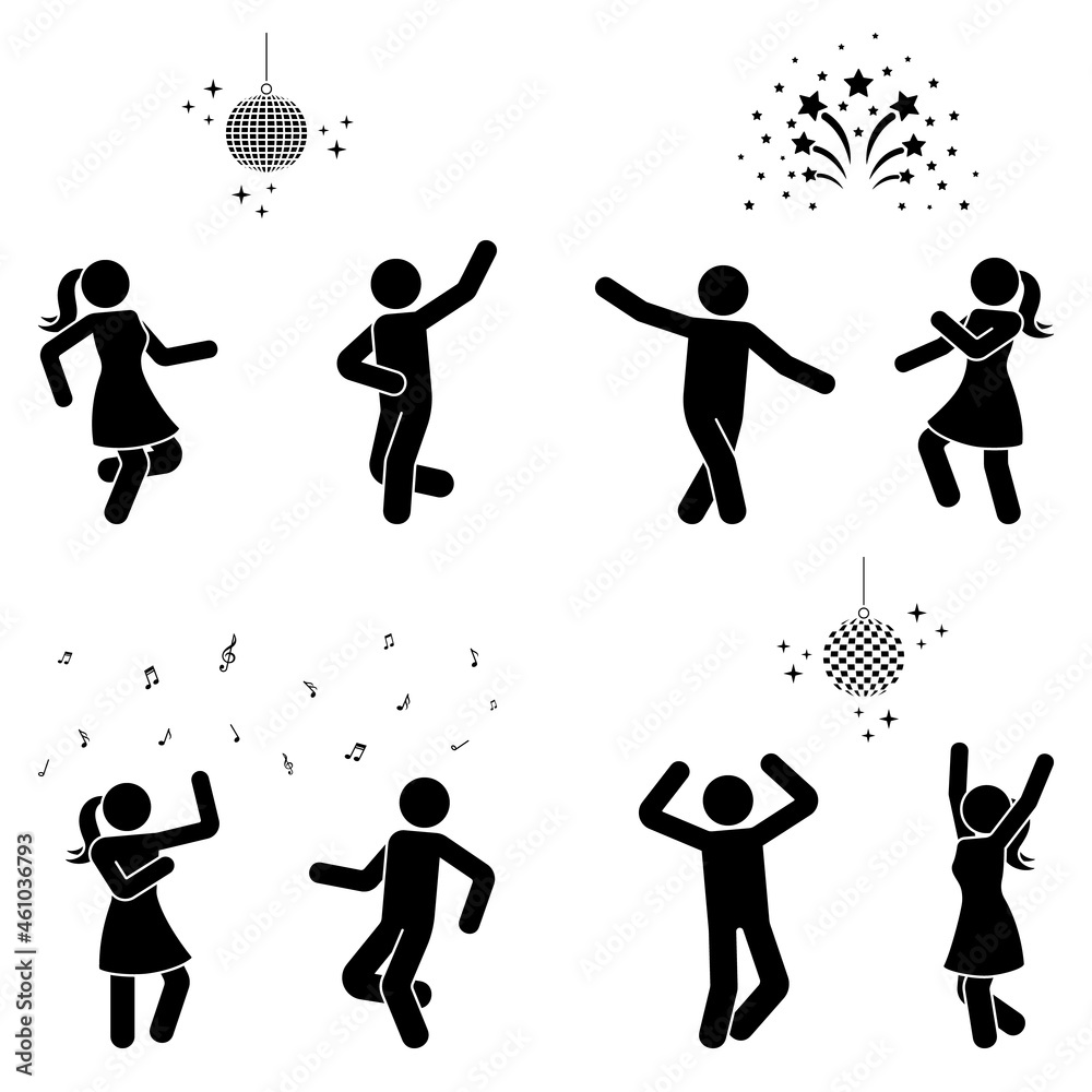 Happy stick figure man and woman dancing at night club, watching ...