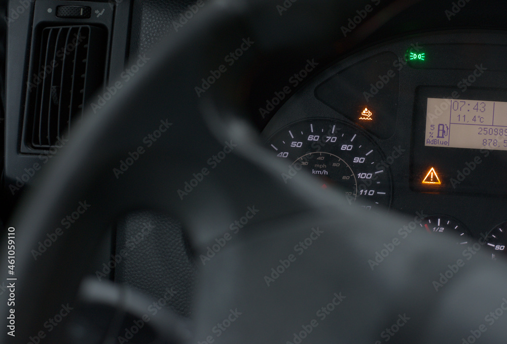 Lit AdBlue icon on truck´s dashboard. Diesel particulate filter issue ...