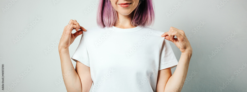 Pretty plus size model with white blank t-shirt and pink hear, empty ...