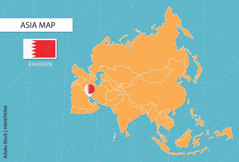 Vetor de Bahrain map in Asia, icons showing Bahrain location and flags ...