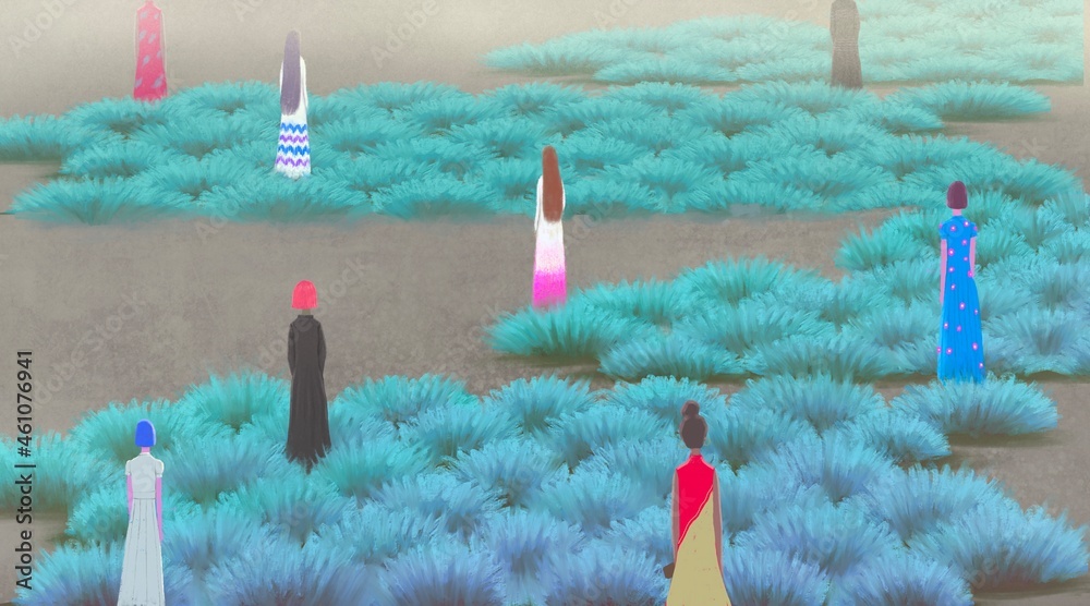 Surreal conceptual art of of a group of womens in a fantasy of nature ...