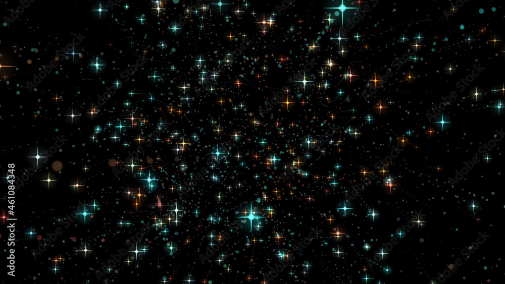 Abstract starfall in neon light rays. Time lapse of stars and space in ...