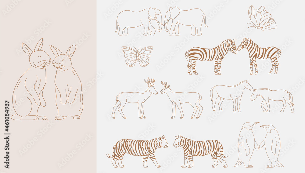 Set of love animal couples drawing in vector featuring rabbit, elephant ...