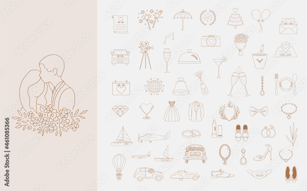 Wedding hand drawn icon, doodle, clipart, line art collection featuring ...