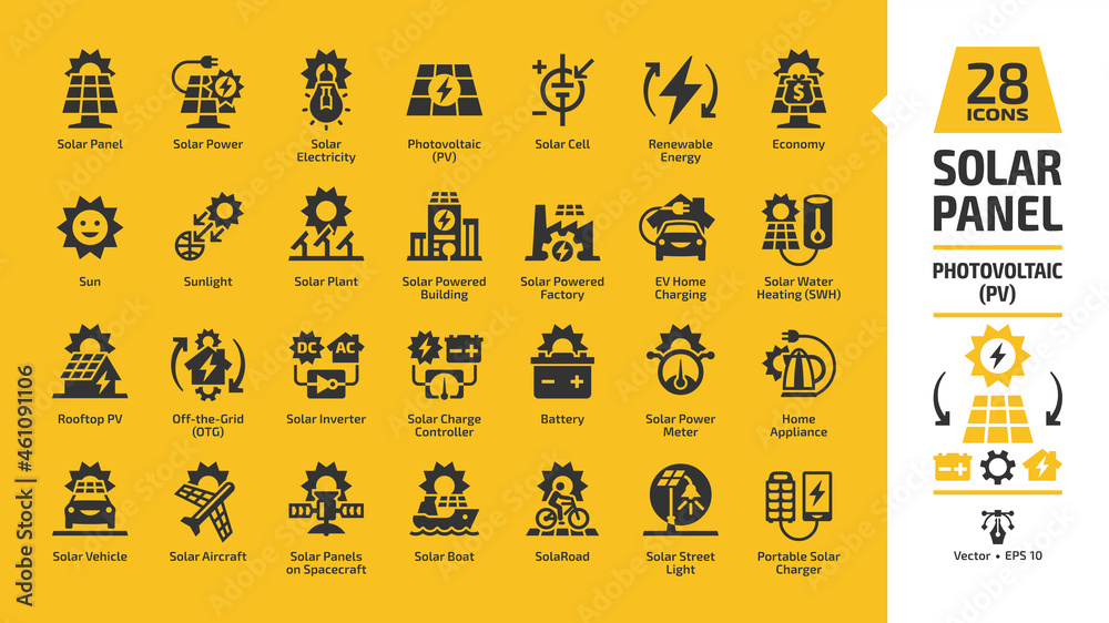 Solar panel icon set on yellow background with sun power photovoltaic ...