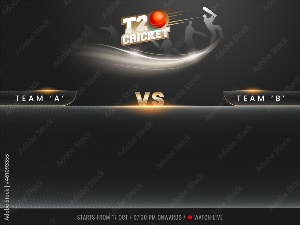 Sticker Style T20 Cricket Text With 3D Red Ball, Silhouette Players And ...