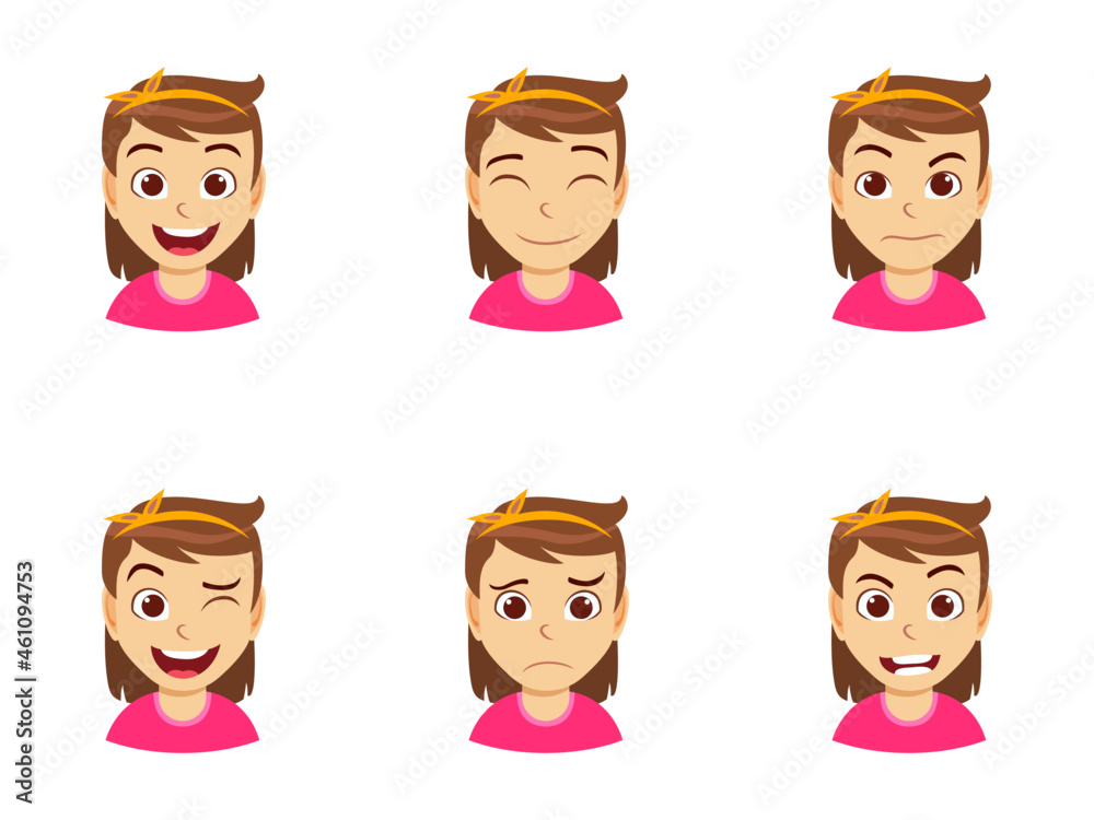 Cute beautiful kid girl character avatar with different facial ...