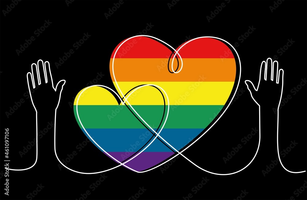 Continuous one line drawing of hands and hearts with LGBT flag color ...