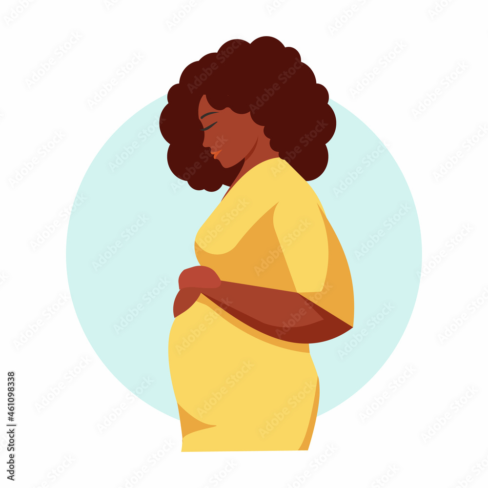Happy Pregnant Black Woman Holds Her Belly Side View Silhouette Of A