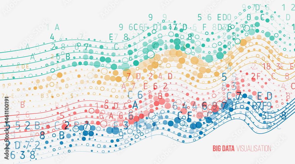 Information analytics concept. Abstract stream information with ball array and binary code ...