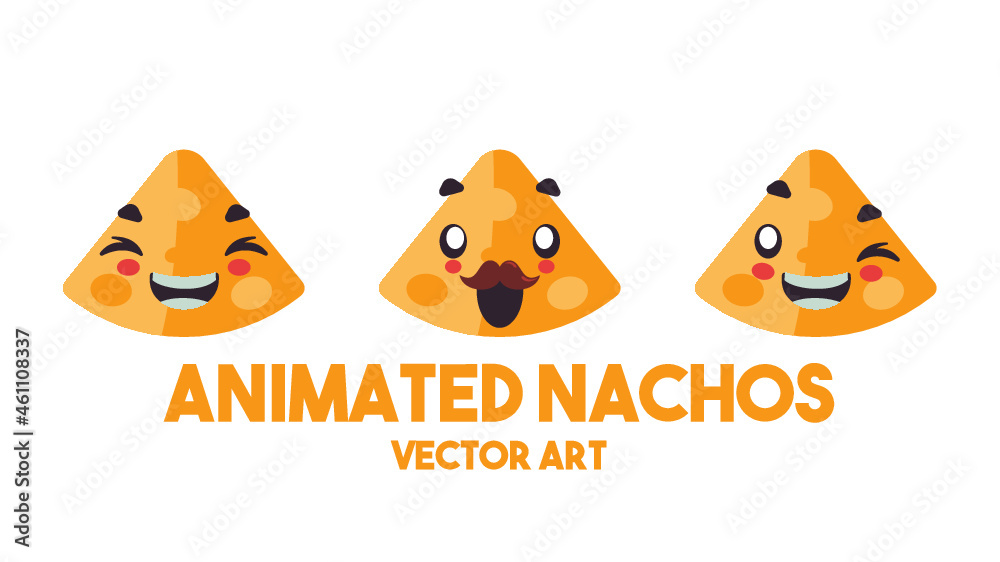 Group of animated nachos. Cartoon style nachos in shades of yellow. Smiling nachos, blinking and ...