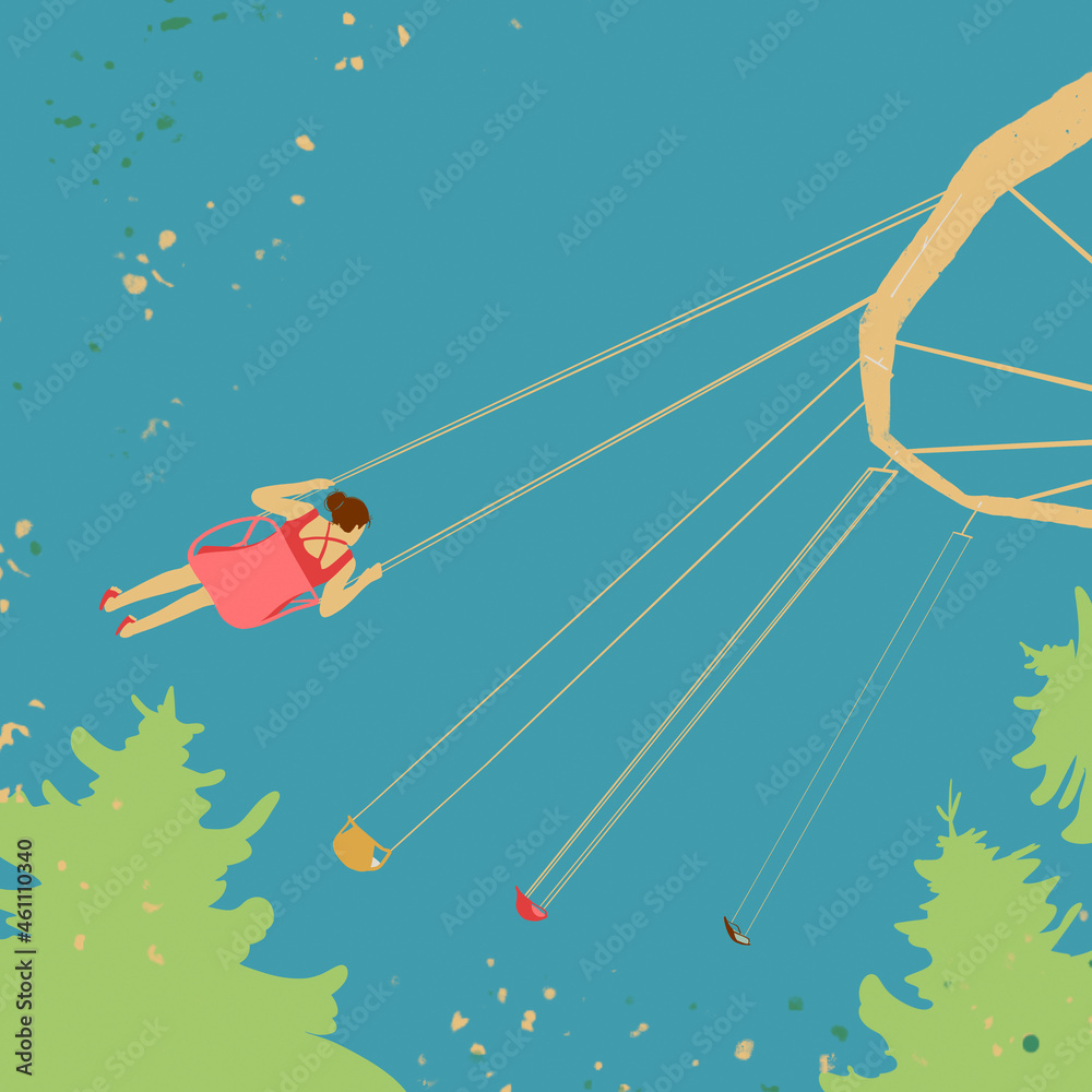 Back of girl sitting on swing riding on carusel. Vector cartoon summer ...