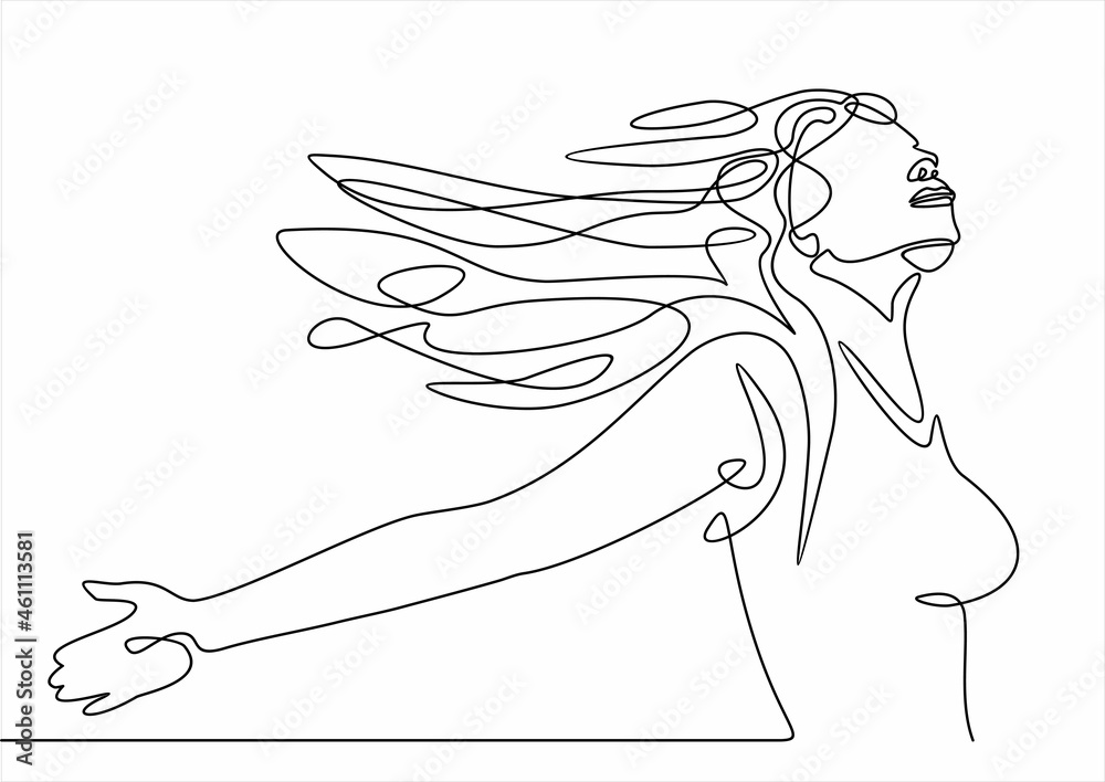 Continuous line art or One Line Drawing of a woman stretching arms is ...