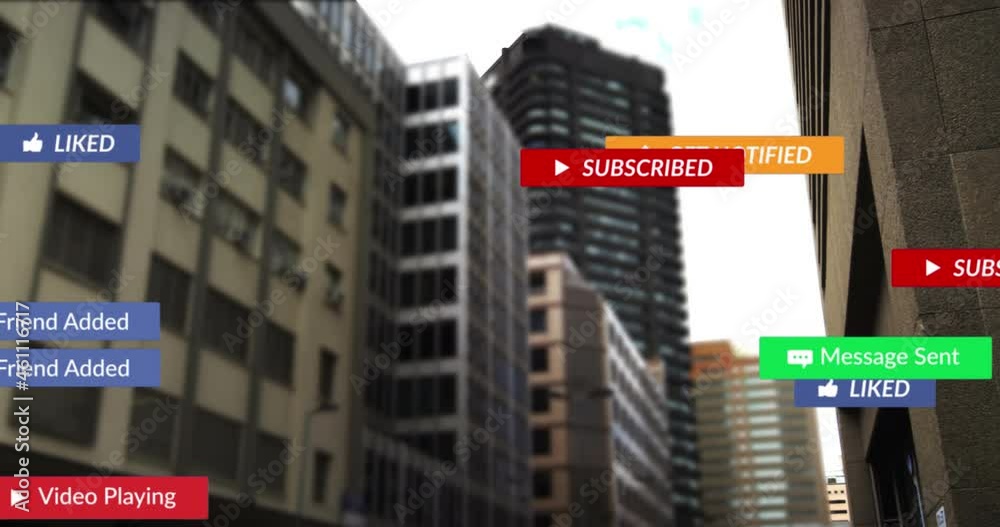 Animation of falling social media icons over cityscape Stock Video | Adobe Stock