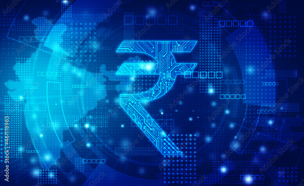 Poster Indian Rupee shape with circuit lines, Technology Background ...