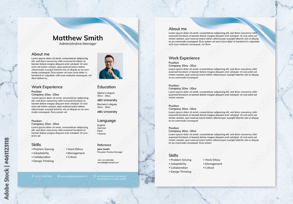 Blue and White Resume Layout with Photo Stock Template | Adobe Stock