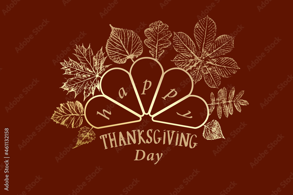 Happy Thanksgining Day Turkey Tail Shape Logo with Maple Hazel Oak ...