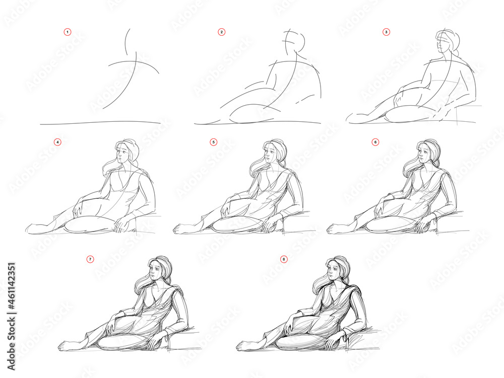 Page shows how to learn to draw sketch of young sitting women. Creation ...