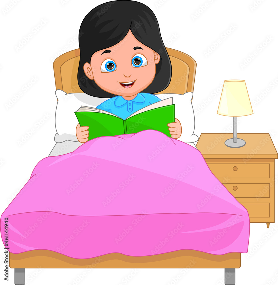 little girl reading a book before going to sleep Stock Vector | Adobe Stock