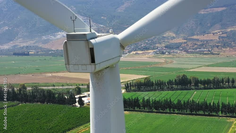 Close up. Housing of a rotating wind turbine. Nacelle contains ...
