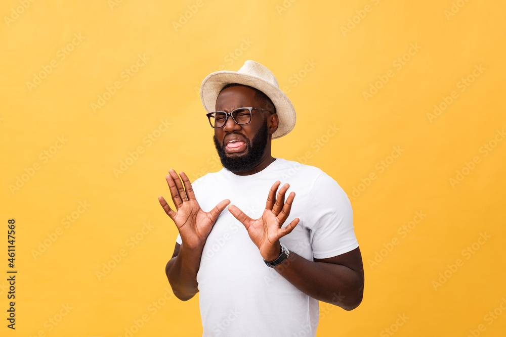 Closeup portrait of shocked mad young man raising hand up to say no ...